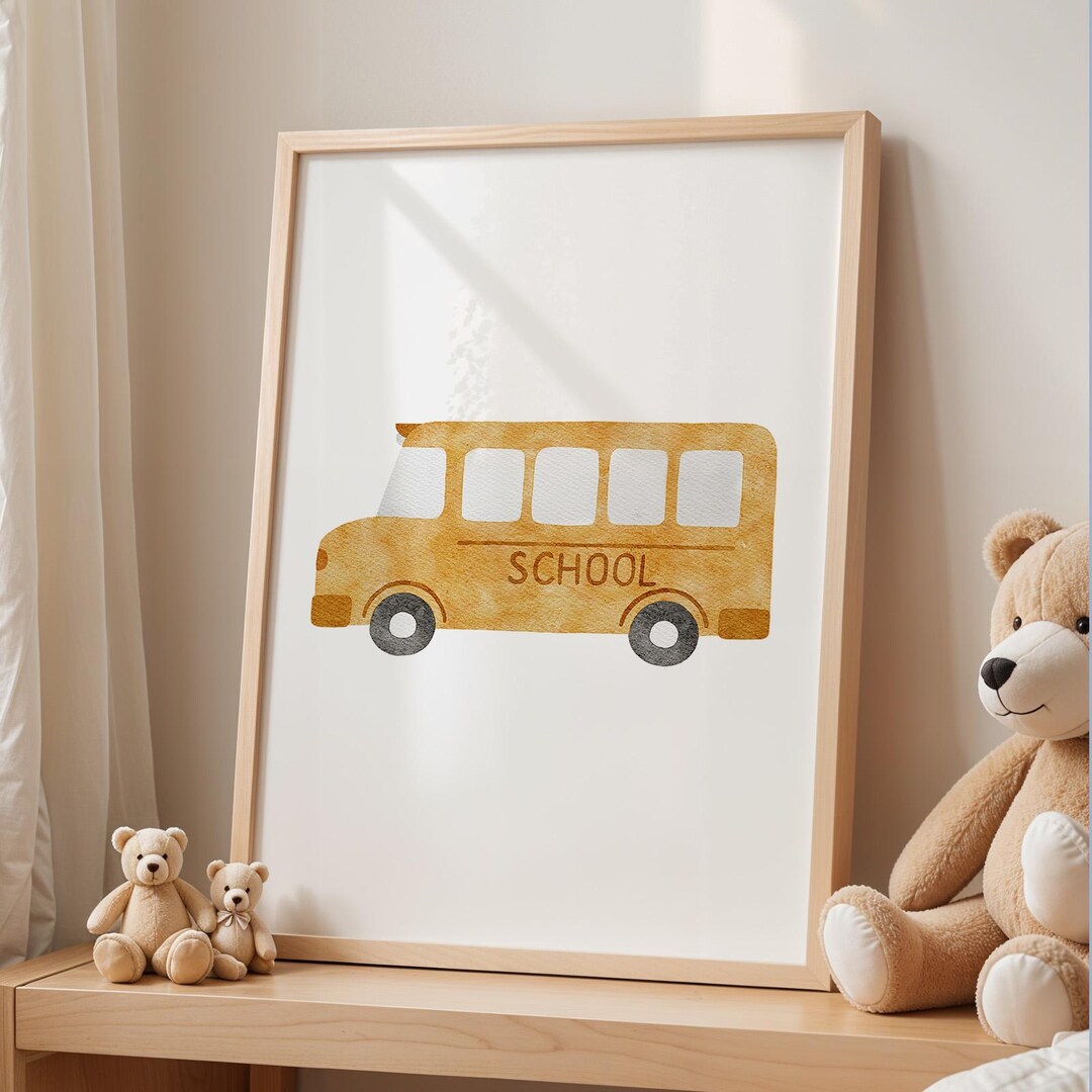 Watercolor School Bus Digital Wall Art Kids Transportation Poster ...