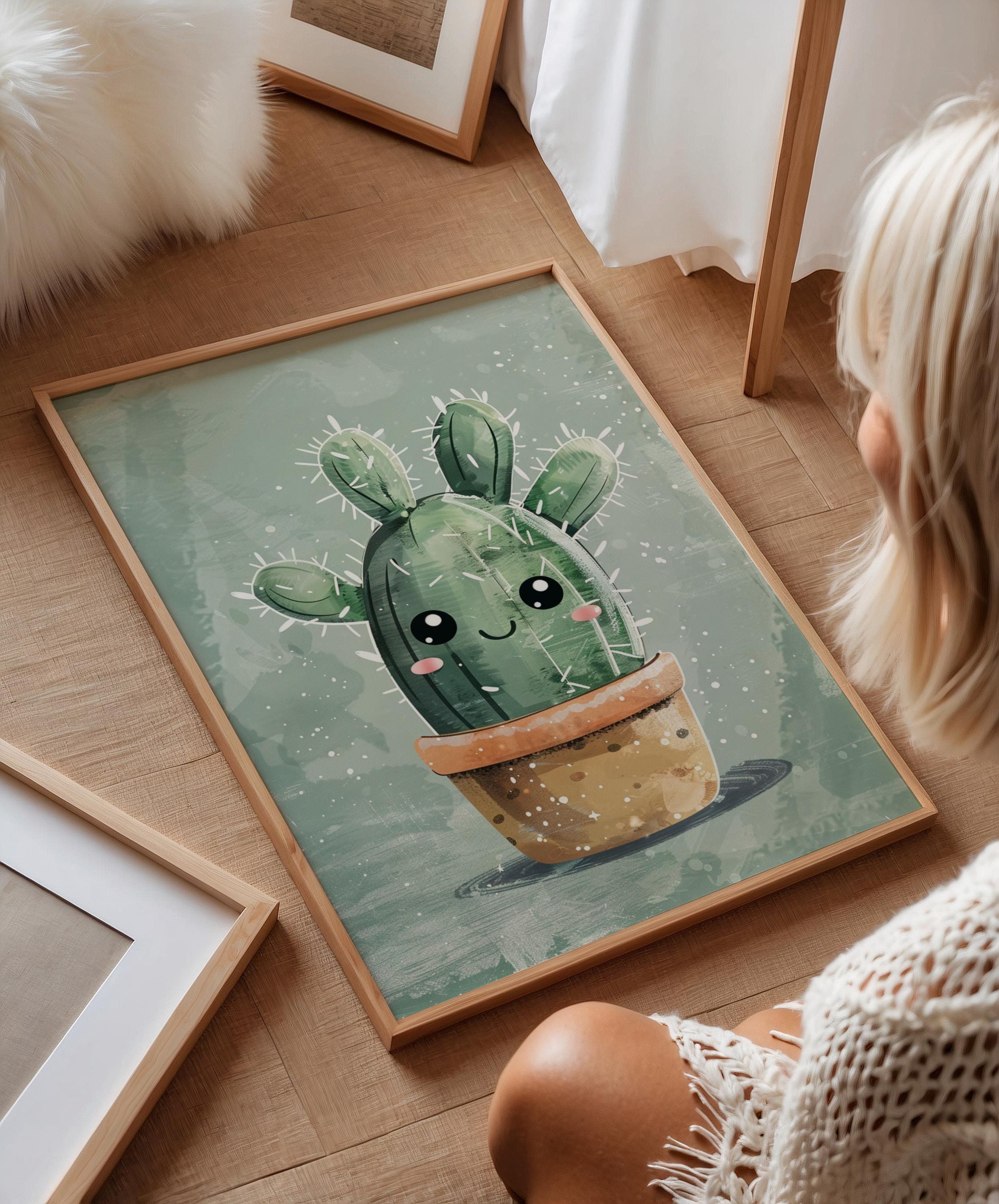 Cute Cactus Digital Poster – Green Plant in Pot With Smiley Face ...