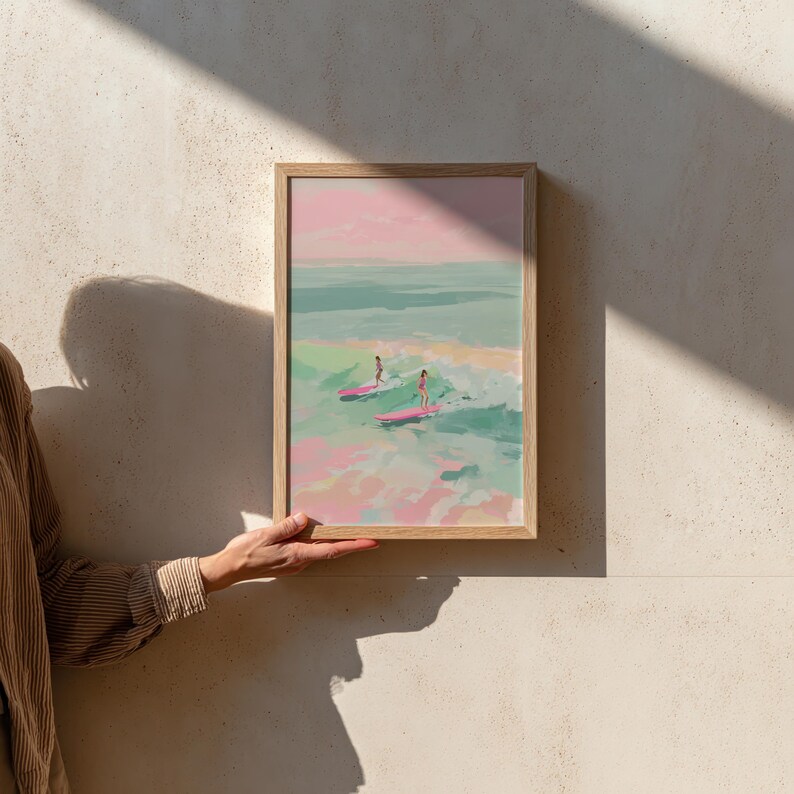Tween Surfer Girl Print: Pink Pastel Beach Art (digital Download ...