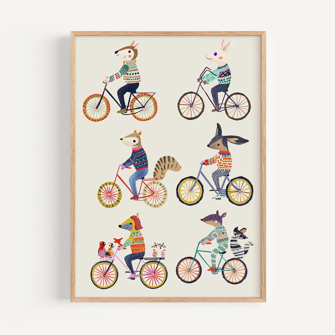 Art Print, Animals on Bicycles Poster, Colorful Kids Room Decor ...