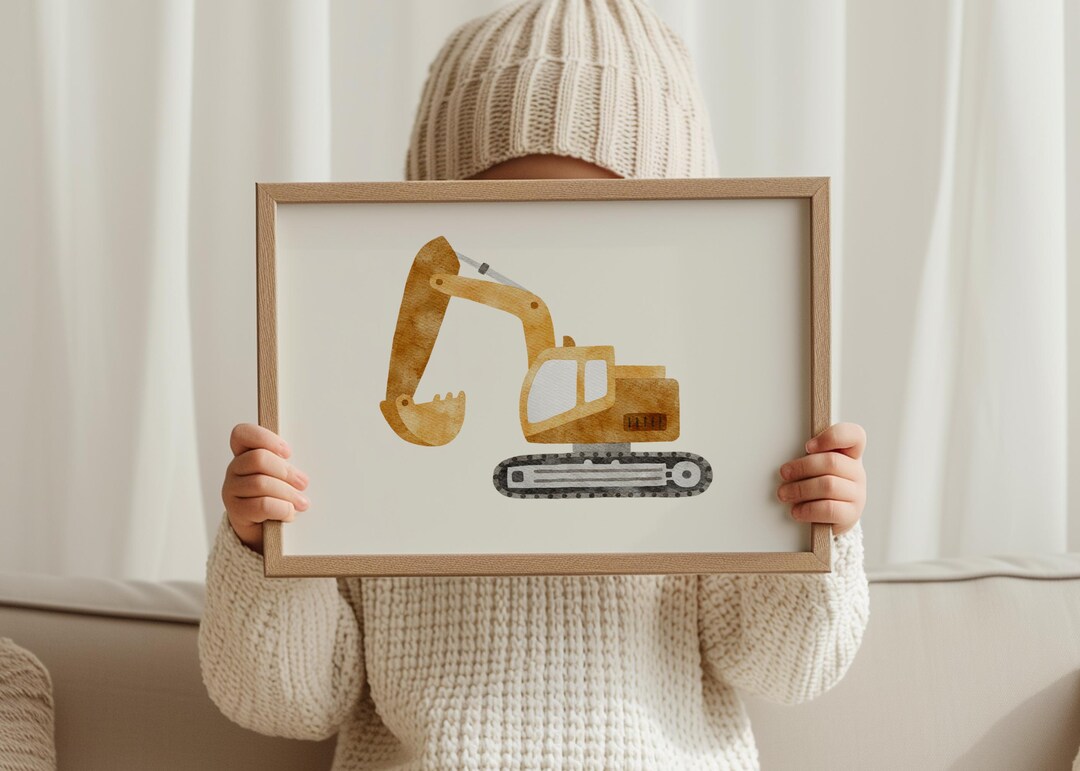 Watercolor Excavator Digital Poster: Construction Vehicle Art for Kids ...