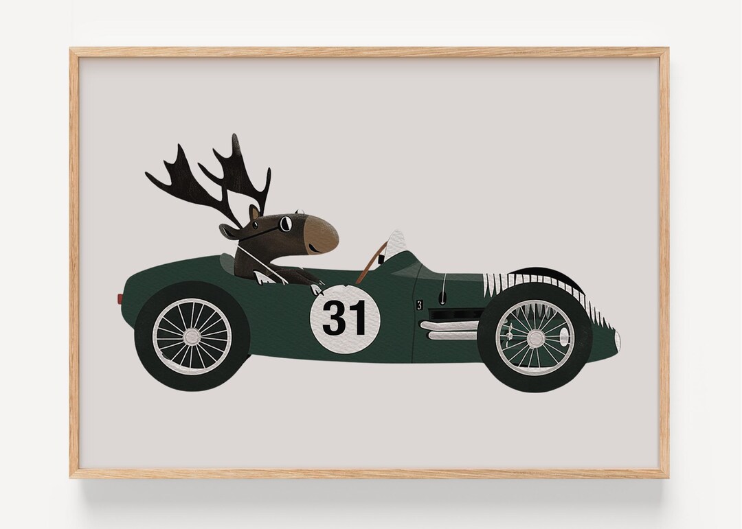 Racing Animal Print Retro Car Poster for Kids Room Boys Nursery Decor ...