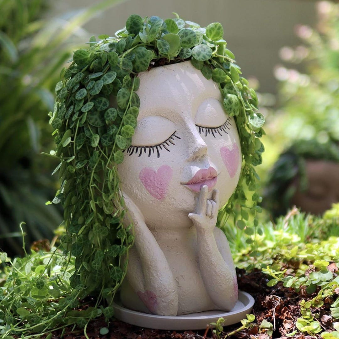 Girl Face Head Planter | Cute Succulent Finger on Lips Lady Planter ...