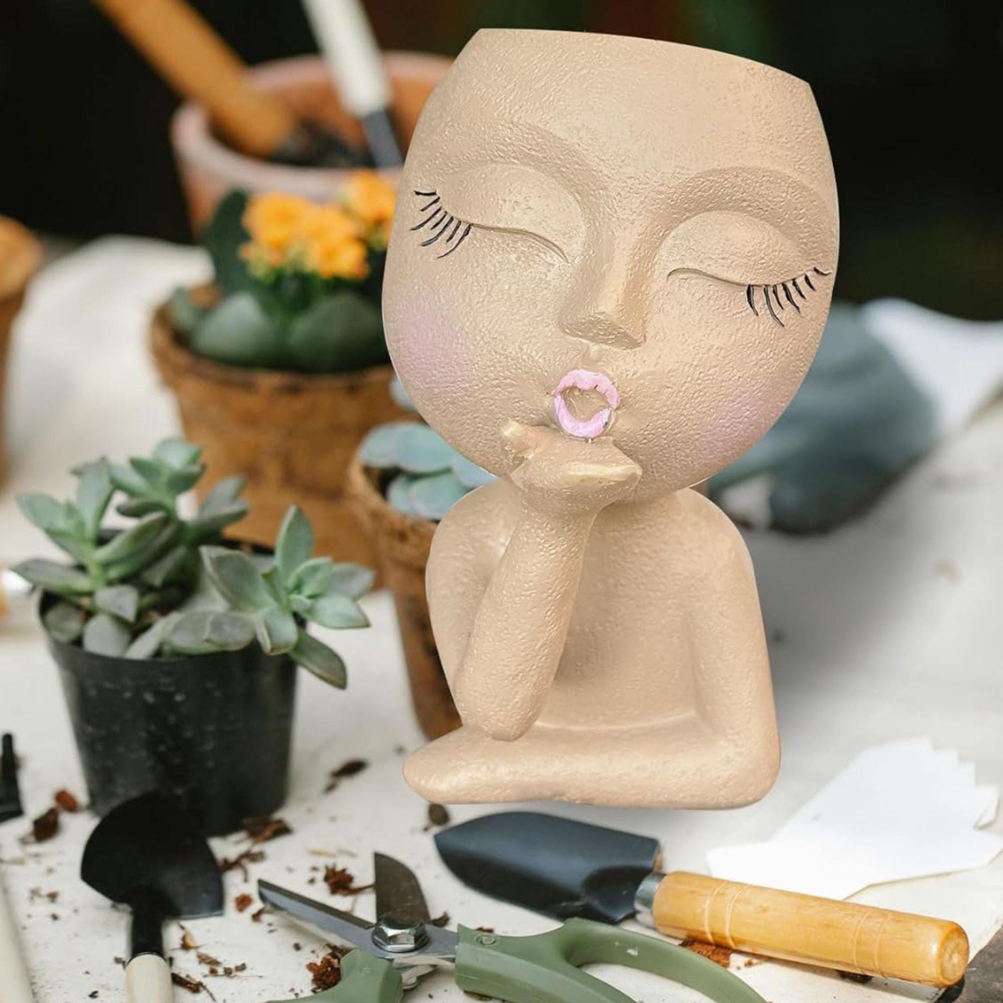 Girl Face Head Planter | Cute Succulent Flying Kiss Lady Planter Flower ...