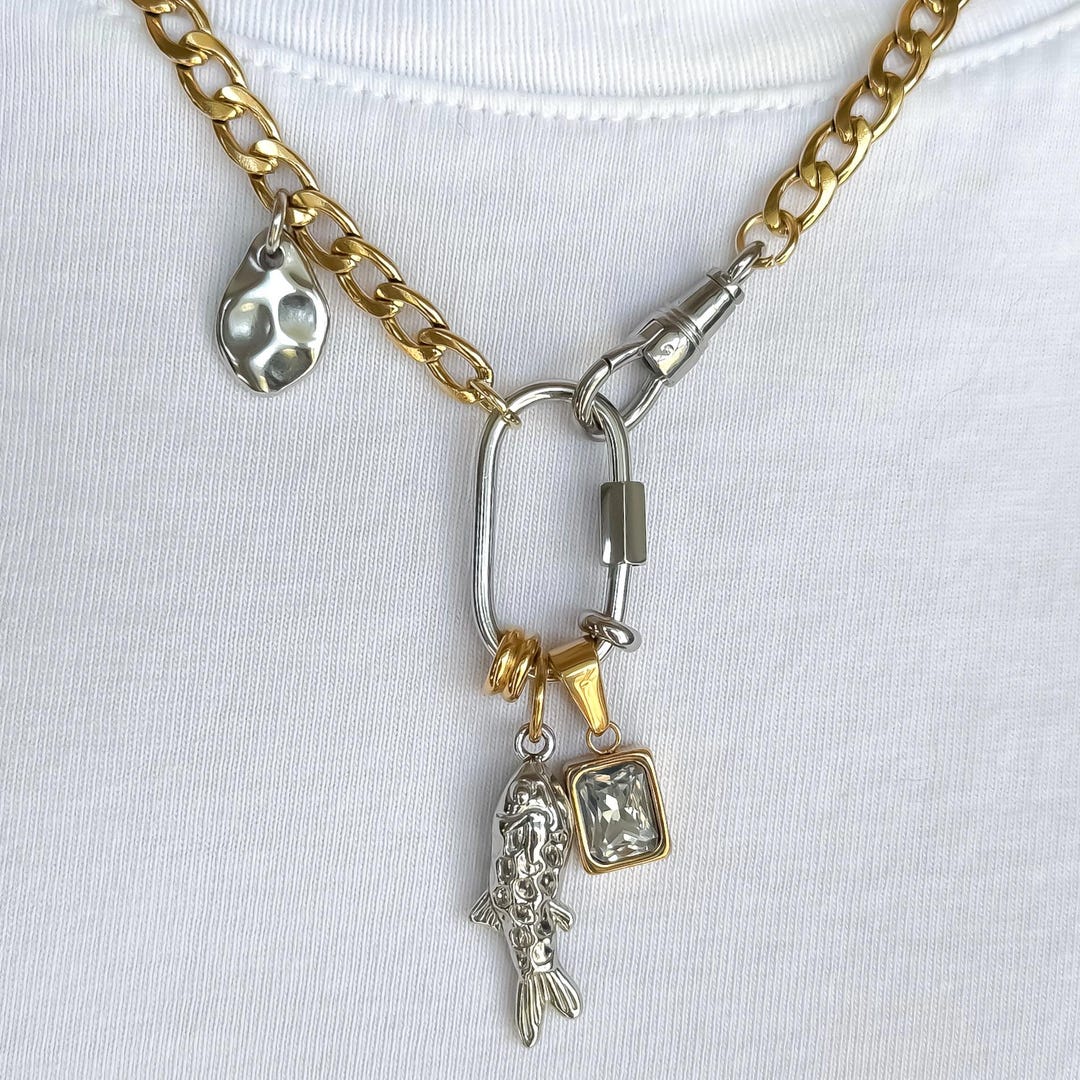 Mixed Metal Charm Necklace – Two Tone Fish Charm, Gold Crystal Accent ...