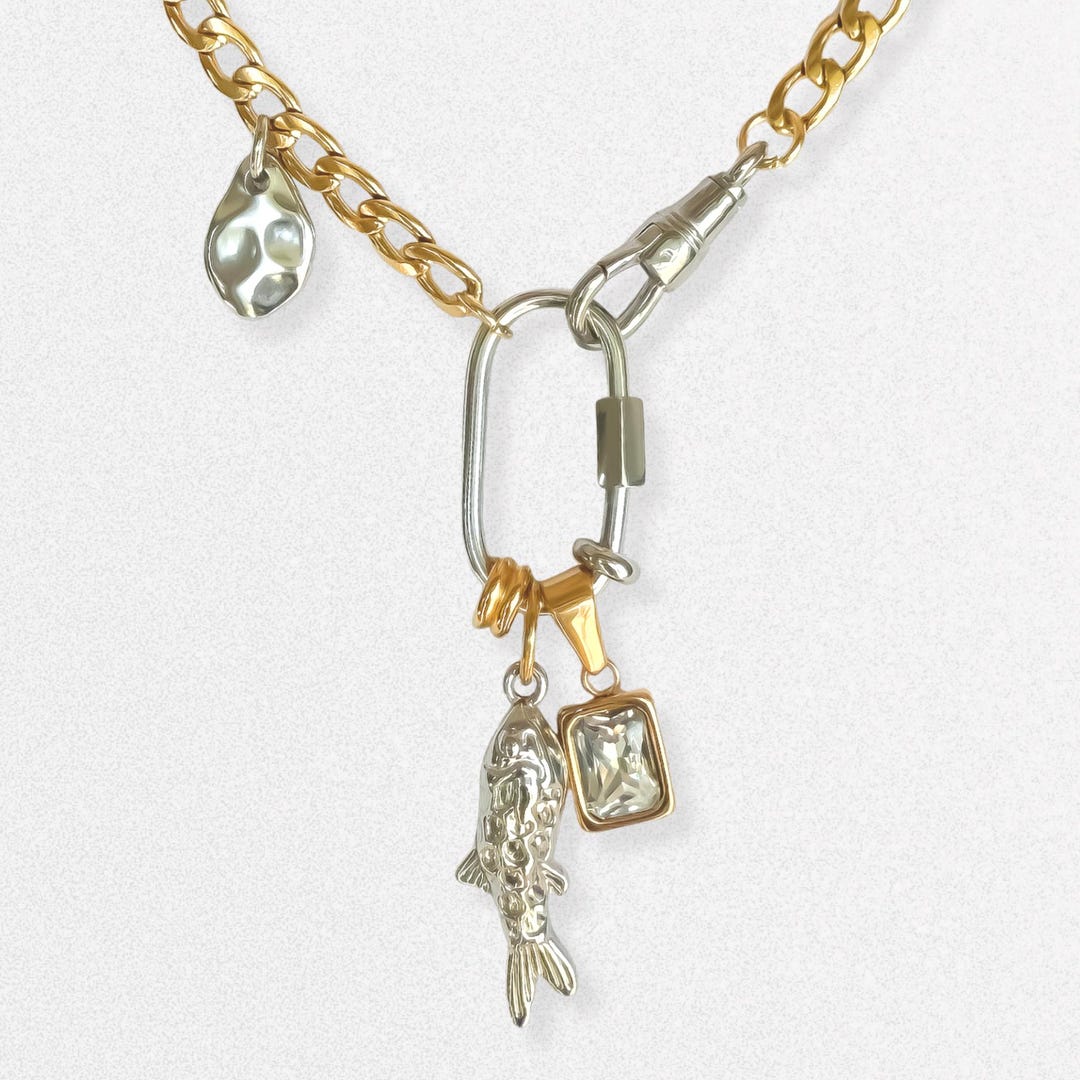 Mixed Metal Charm Necklace – Two Tone Fish Charm, Gold Crystal Accent ...