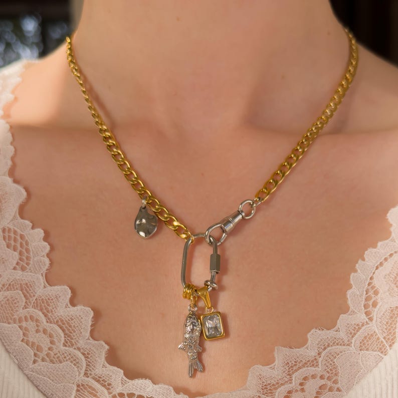 Mixed Metal Charm Necklace – Two Tone Fish Charm, Gold Crystal Accent ...