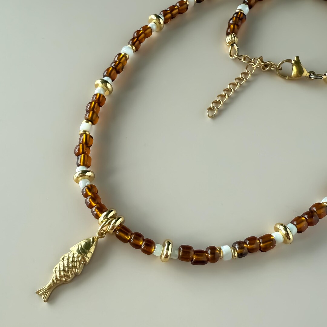 Golden Brown Sardine Fish Pendant Necklace – Whimsical Beaded Chestnut ...