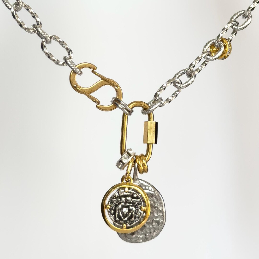 Mixed Metal Coin Charm Necklace - Two Tone Vintage Style Charms - Etsy