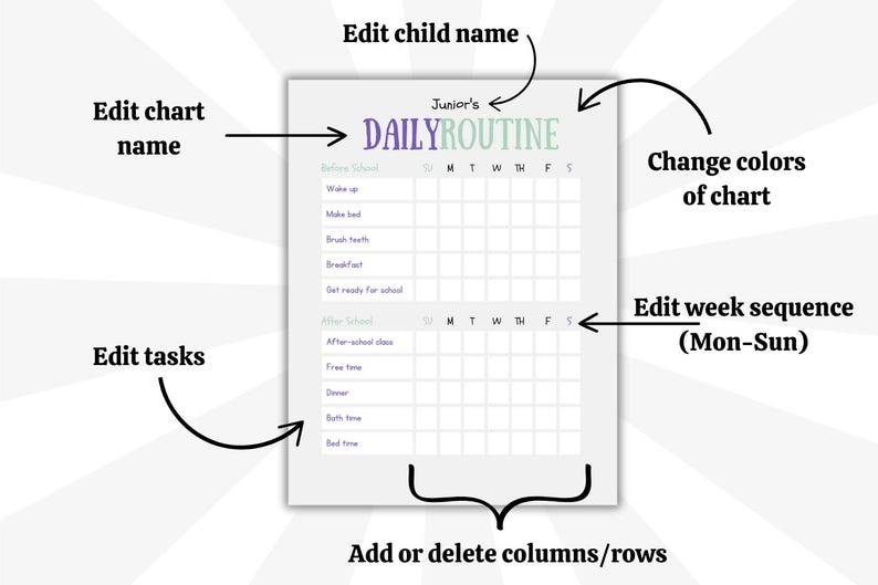 Kids' Daily Routine Chart Editable Printable PDF Instant Download ...