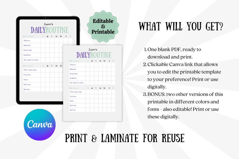 Kids' Daily Routine Chart Editable Printable PDF Instant Download ...