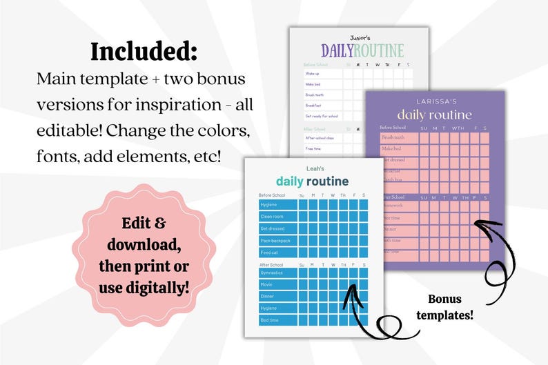 Kids' Daily Routine Chart Editable Printable PDF Instant Download ...