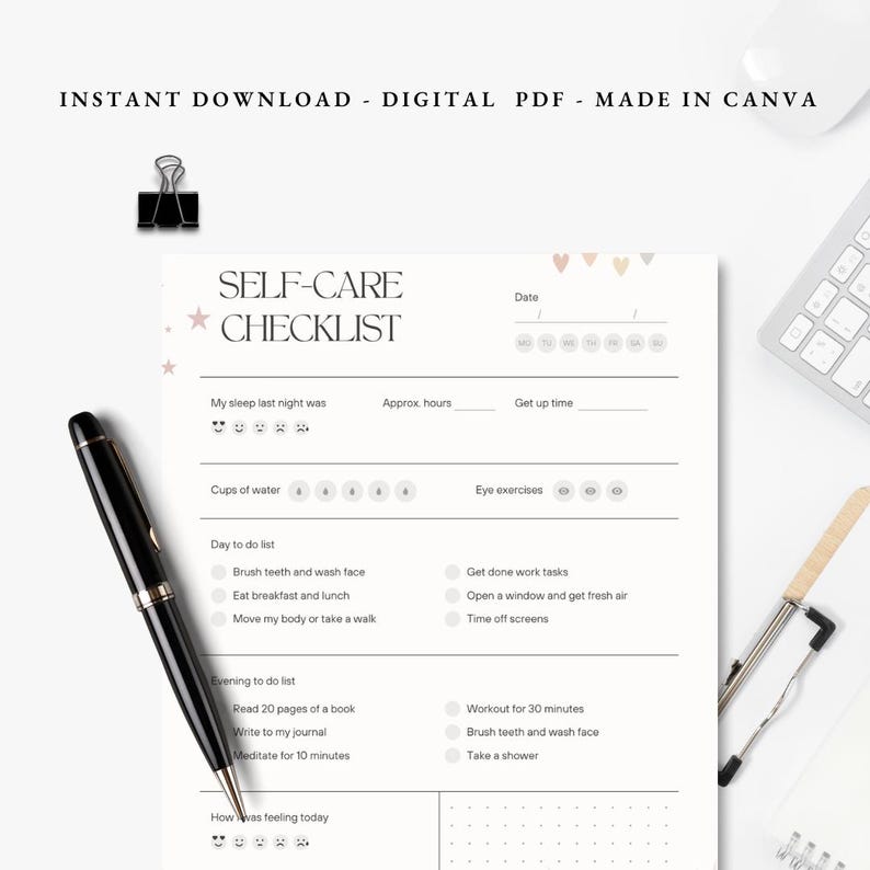 Black and White Self-care Checklist Planner, Minimalist Wellness ...