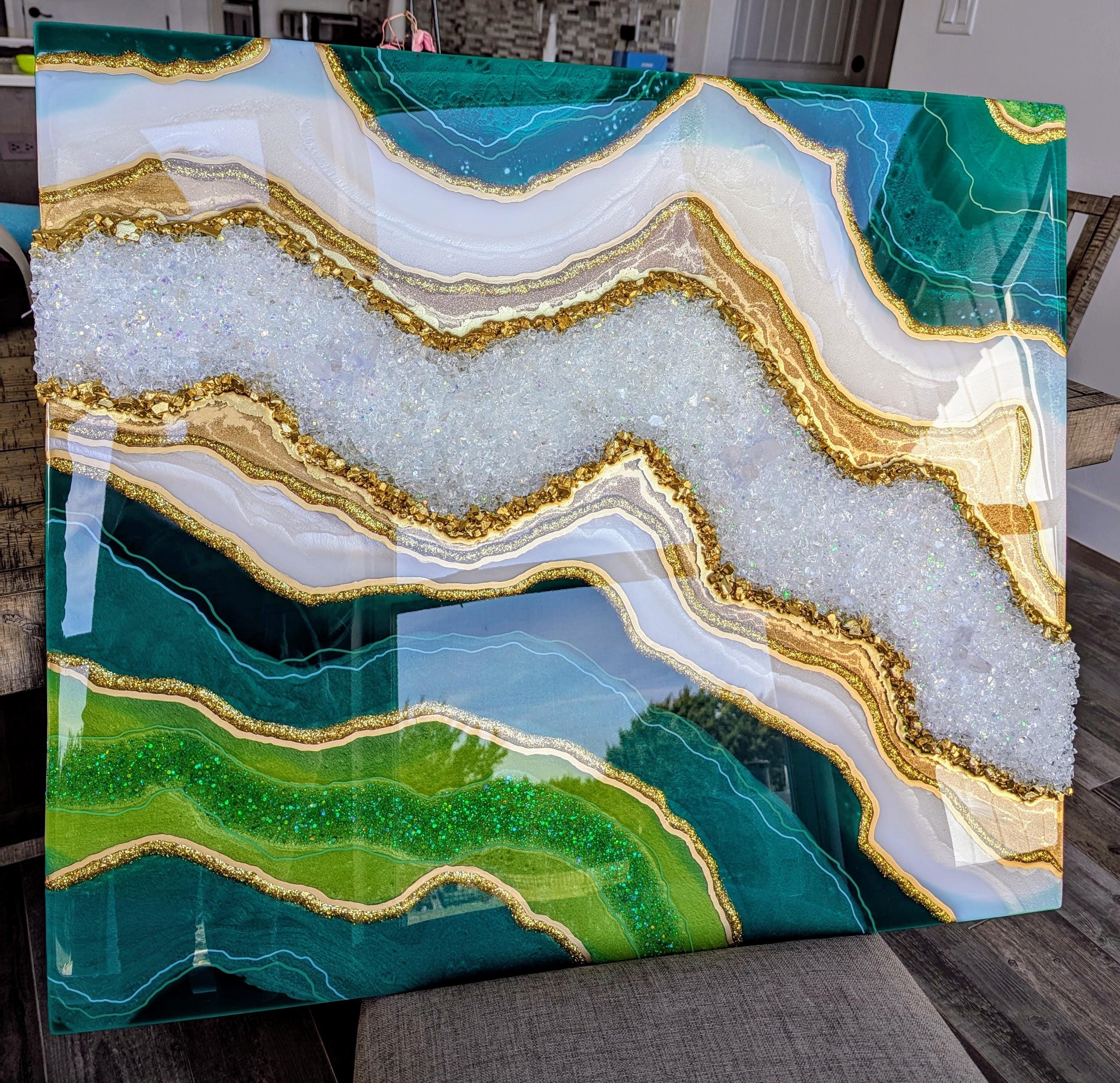 35x30 Emerald Green and Gold Resin Geode Art - Customizable Luxurious ...