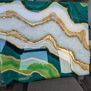 35x30 Emerald Green and Gold Resin Geode Art - Customizable Luxurious ...