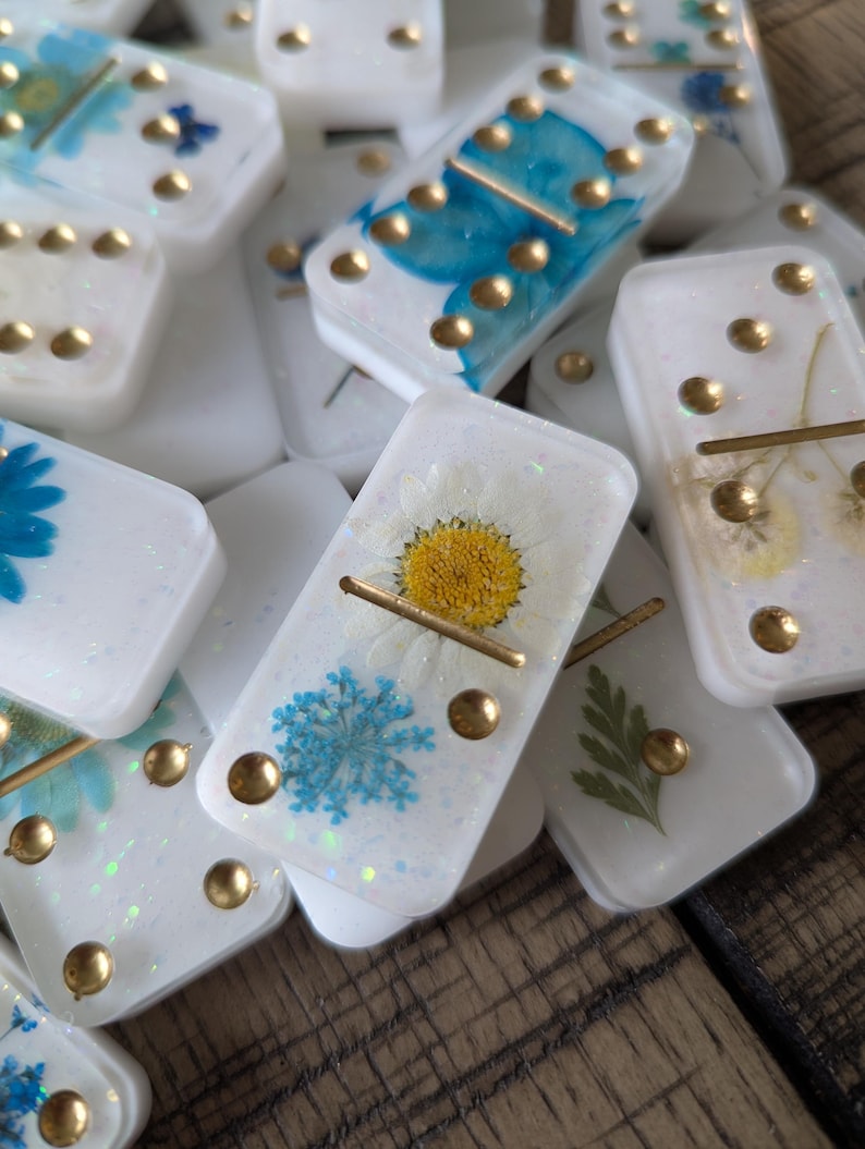 Handmade Resin Dominoes Set: Pressed Flower Glitter, Gold Accents - Etsy