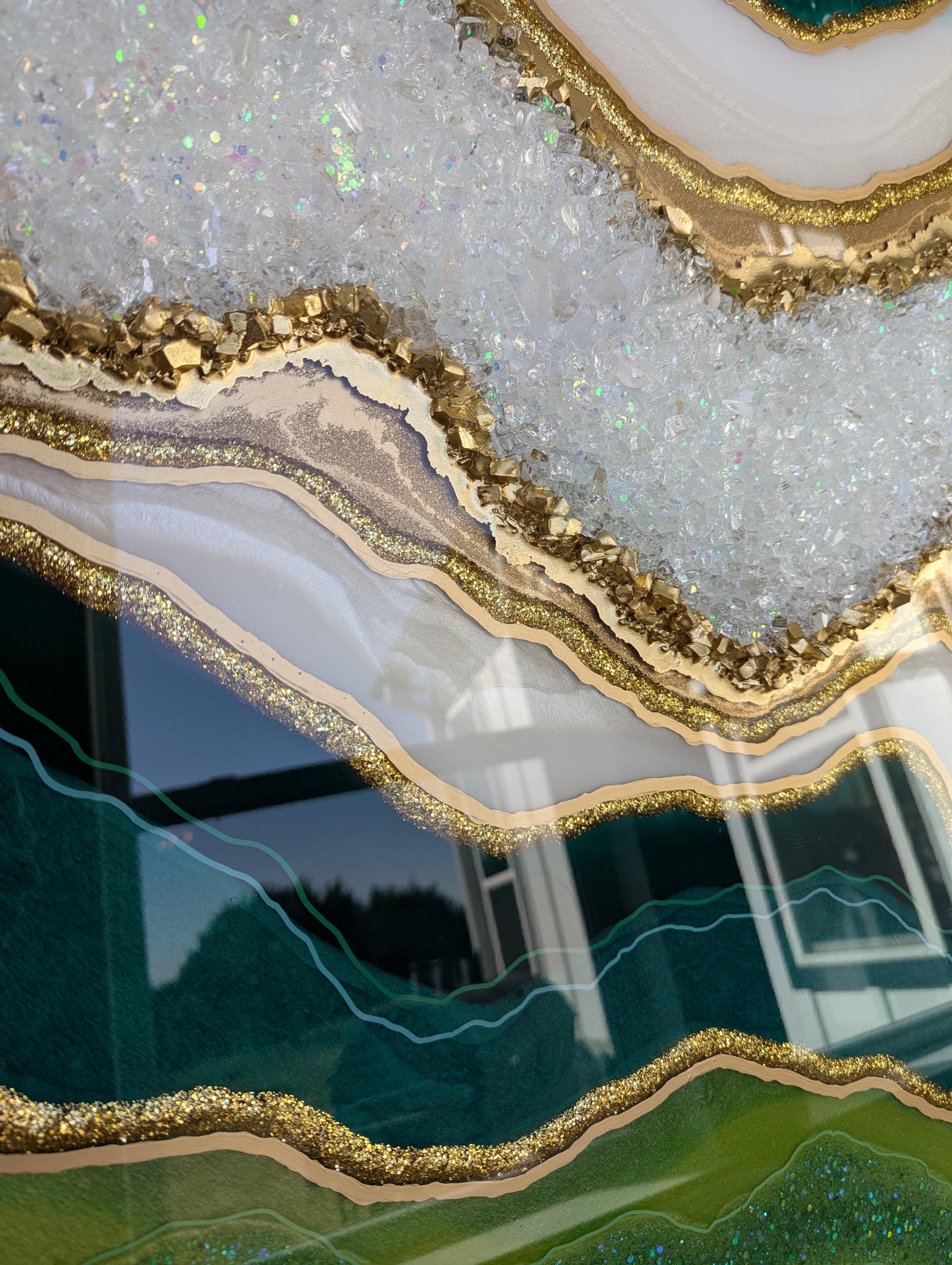 35x30 Emerald Green and Gold Resin Geode Art - Customizable Luxurious ...