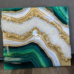 20x18 Emerald Green and Gold Resin Geode Art - Customizable Luxurious ...