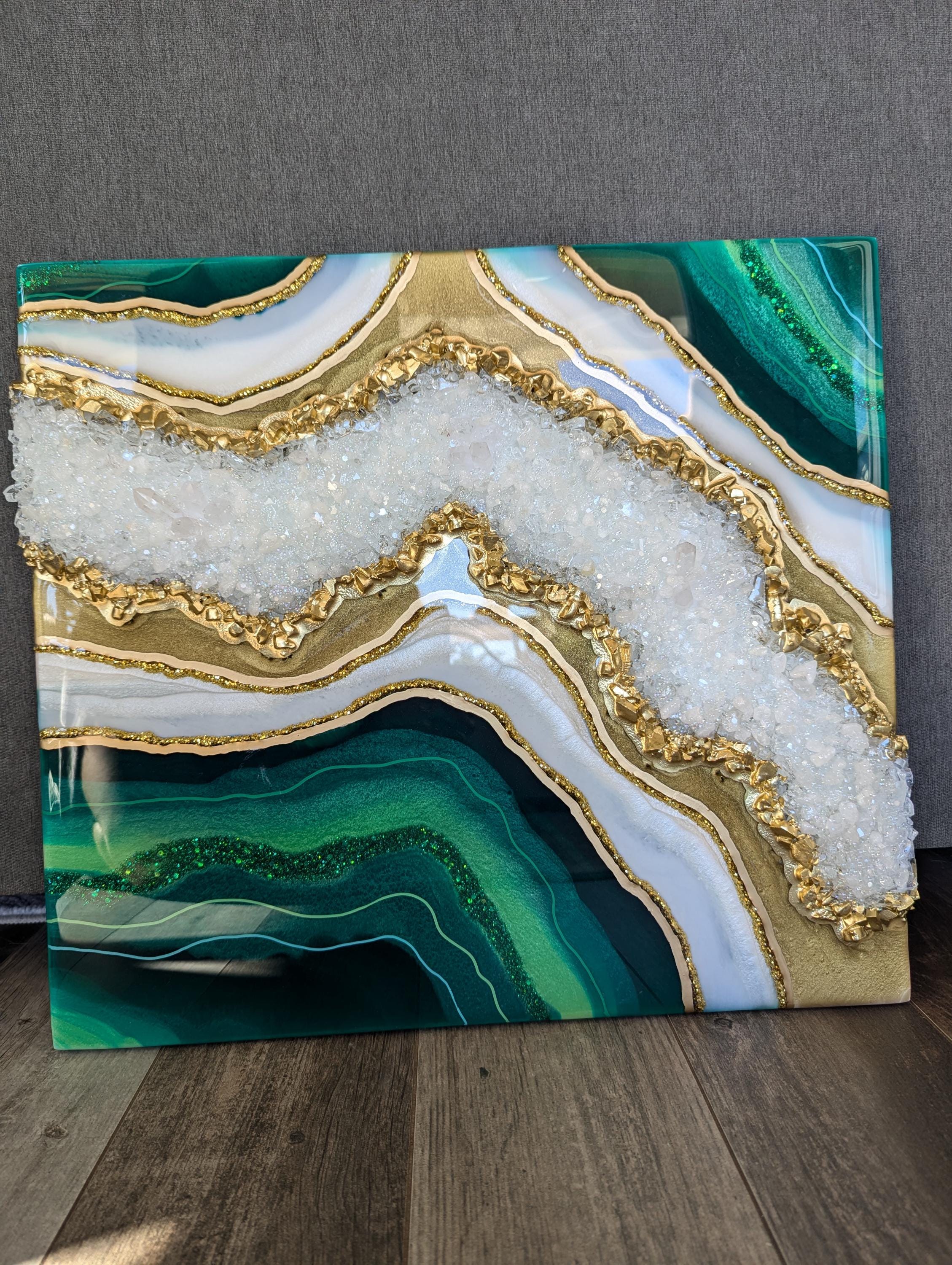 20x18 Emerald Green and Gold Resin Geode Art - Customizable Luxurious ...