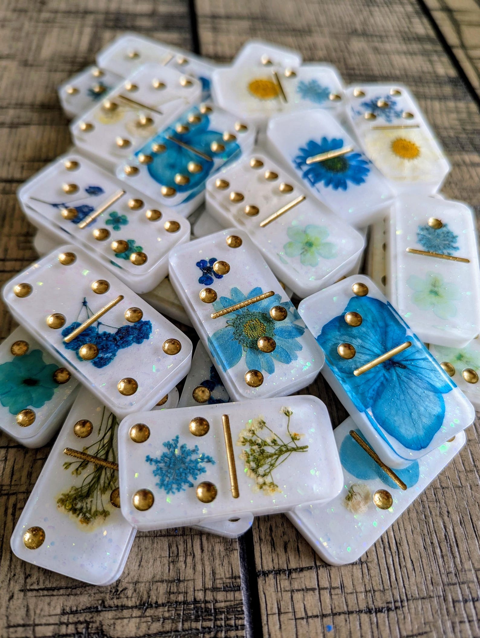 Handmade Resin Dominoes Set: Pressed Flower Glitter, Gold Accents - Etsy