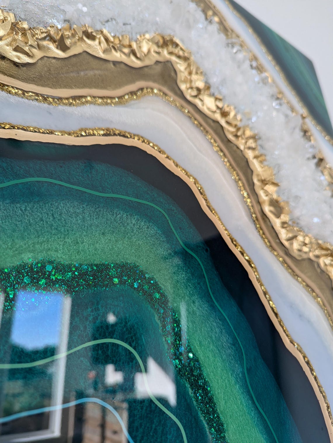 20x18 Emerald Green and Gold Resin Geode Art - Customizable Luxurious ...