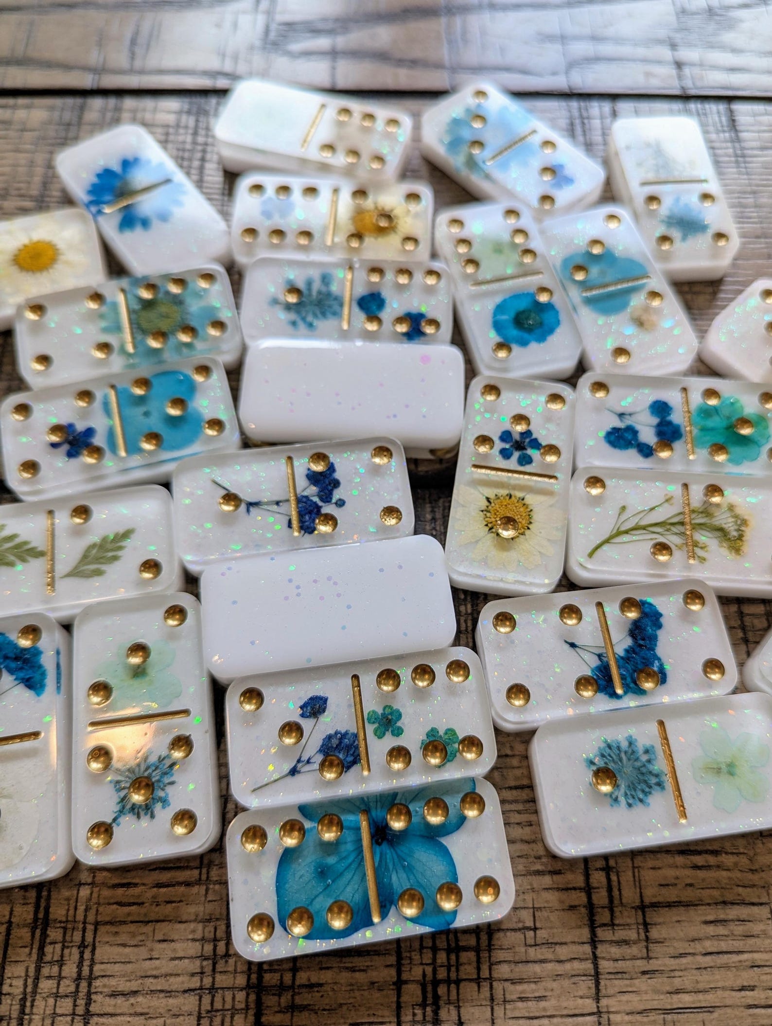Handmade Resin Dominoes Set: Pressed Flower Glitter, Gold Accents - Etsy