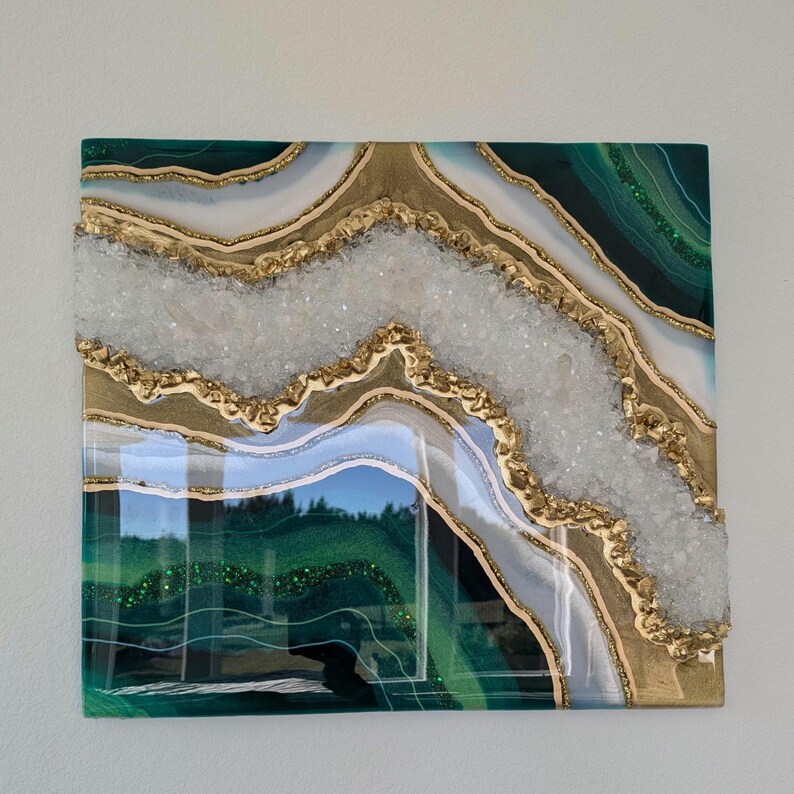 20x18 Emerald Green and Gold Resin Geode Art - Customizable Luxurious ...