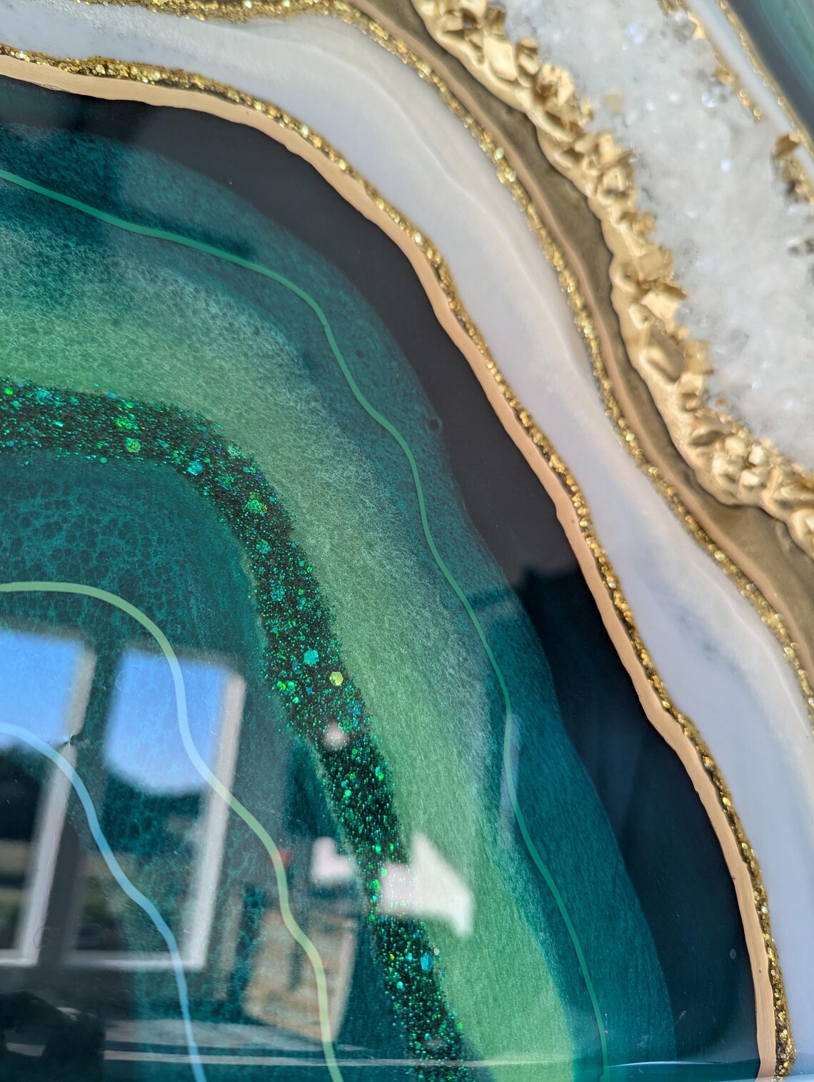 20x18 Emerald Green and Gold Resin Geode Art - Customizable Luxurious ...