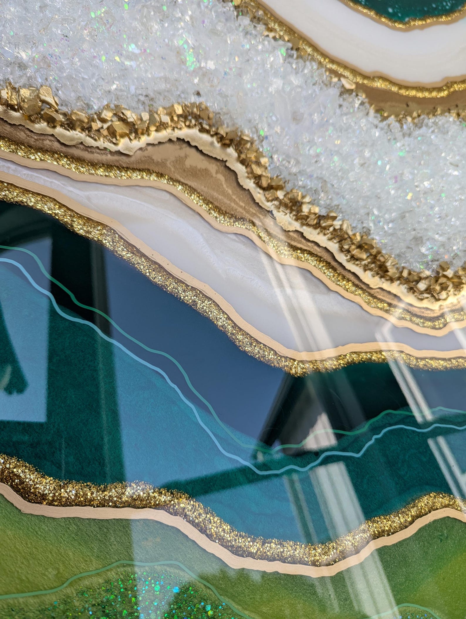 35x30 Emerald Green and Gold Resin Geode Art - Customizable Luxurious ...