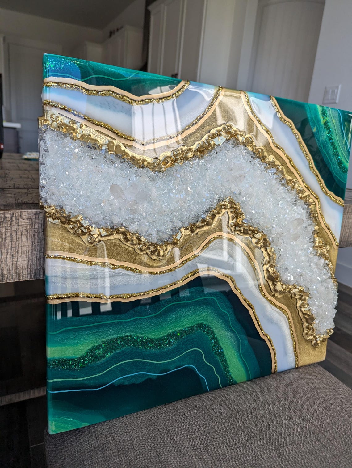 20x18 Emerald Green and Gold Resin Geode Art - Customizable Luxurious ...