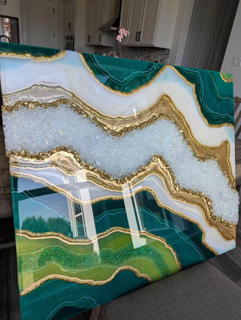 35x30 Emerald Green and Gold Resin Geode Art - Customizable Luxurious ...