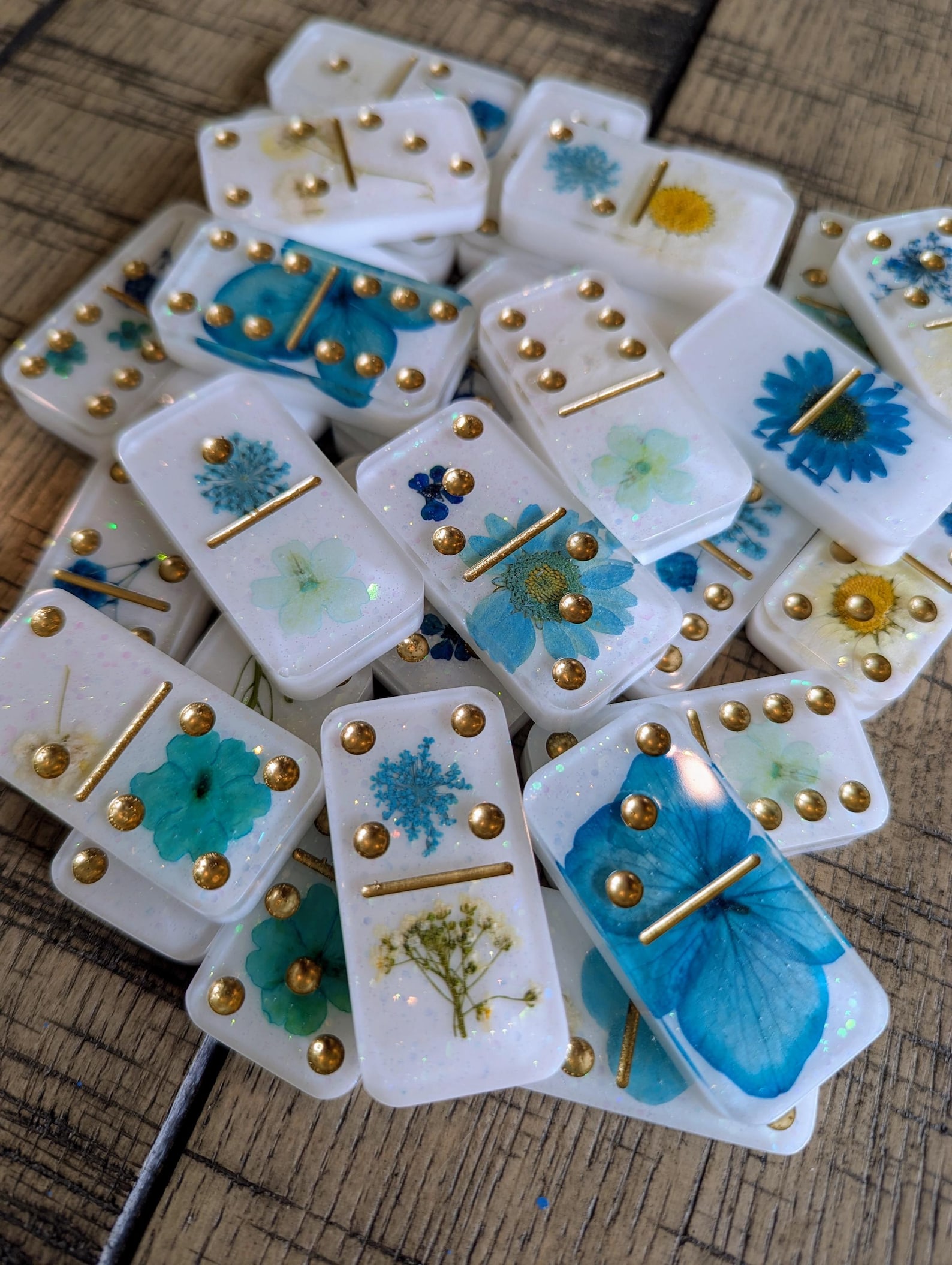 Handmade Resin Dominoes Set: Pressed Flower Glitter, Gold Accents - Etsy