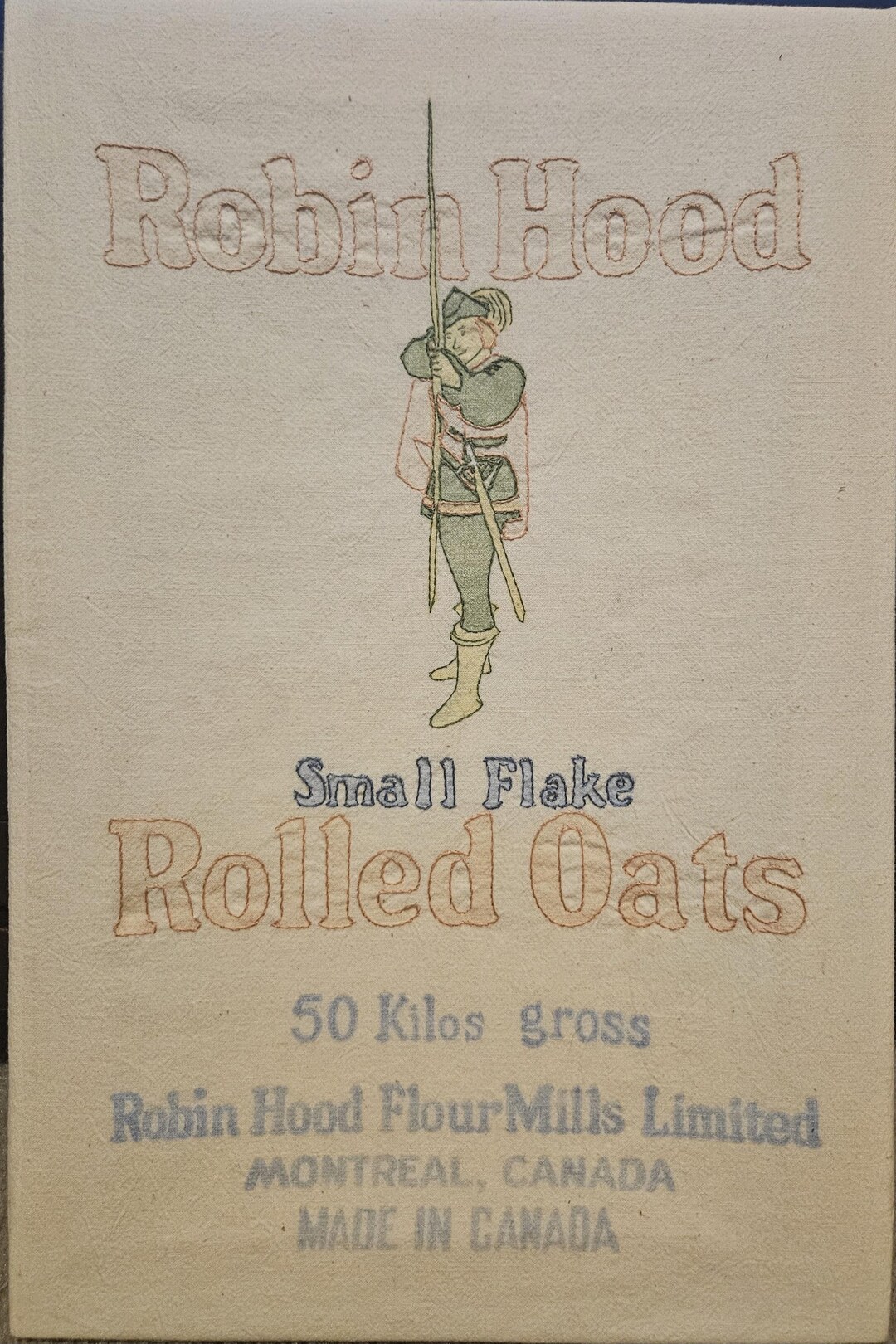 Vintage Robin Hood Rolled Oats Sack- Hand Embroidered and Stretched ...