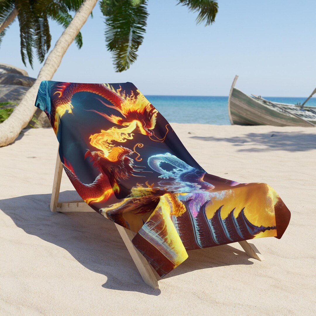 Dragon Beach Towel, Elemental Asian Dragons Pattern, Beach Blanket ...