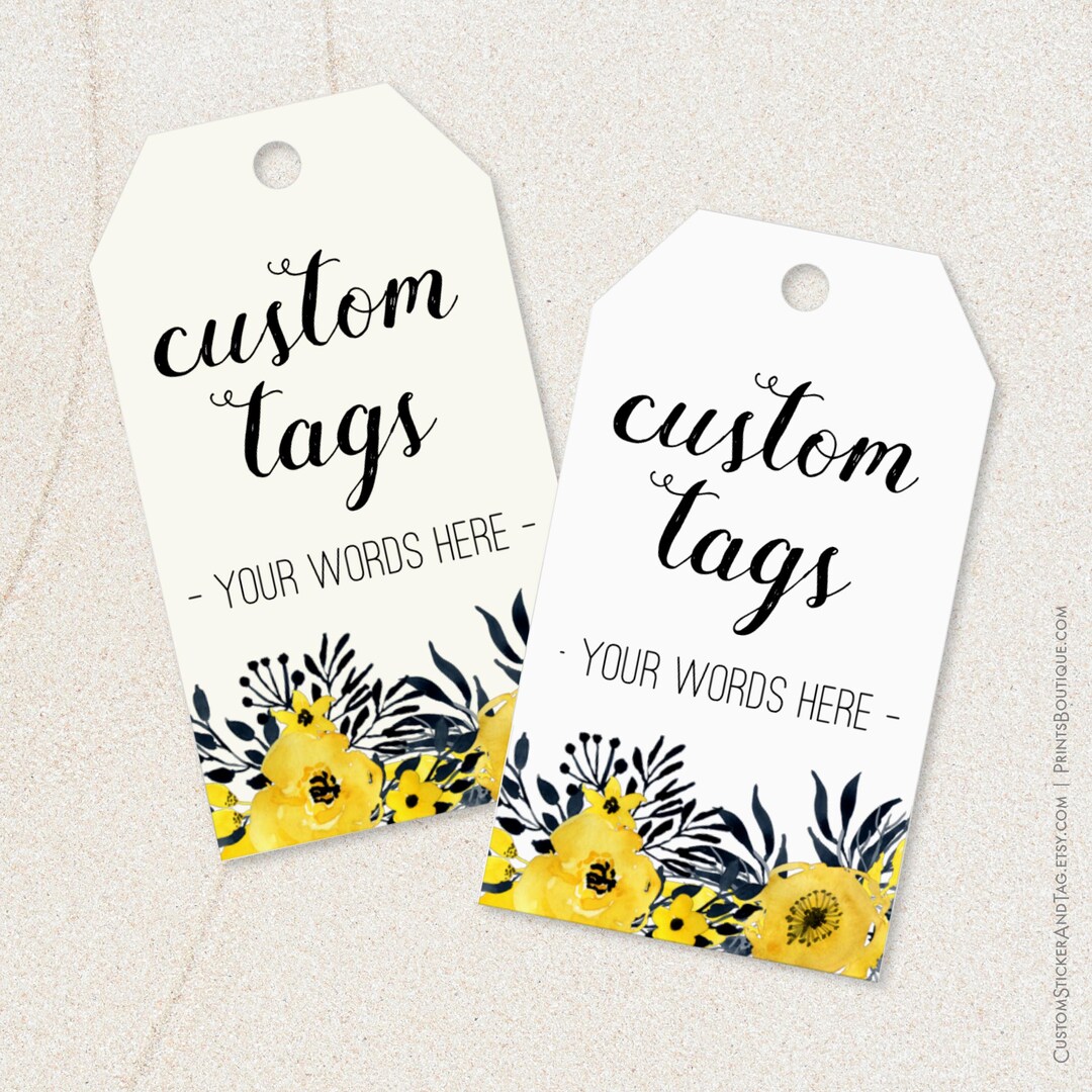 Custom Floral Tags Personalized With Your Words, Yellow and Navy ...
