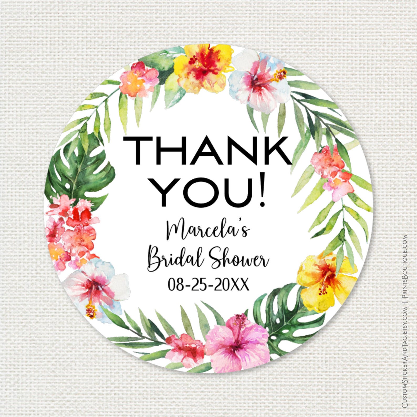 Tropical Bridal Shower Stickers, Watercolor Hibiscus Monstera ...