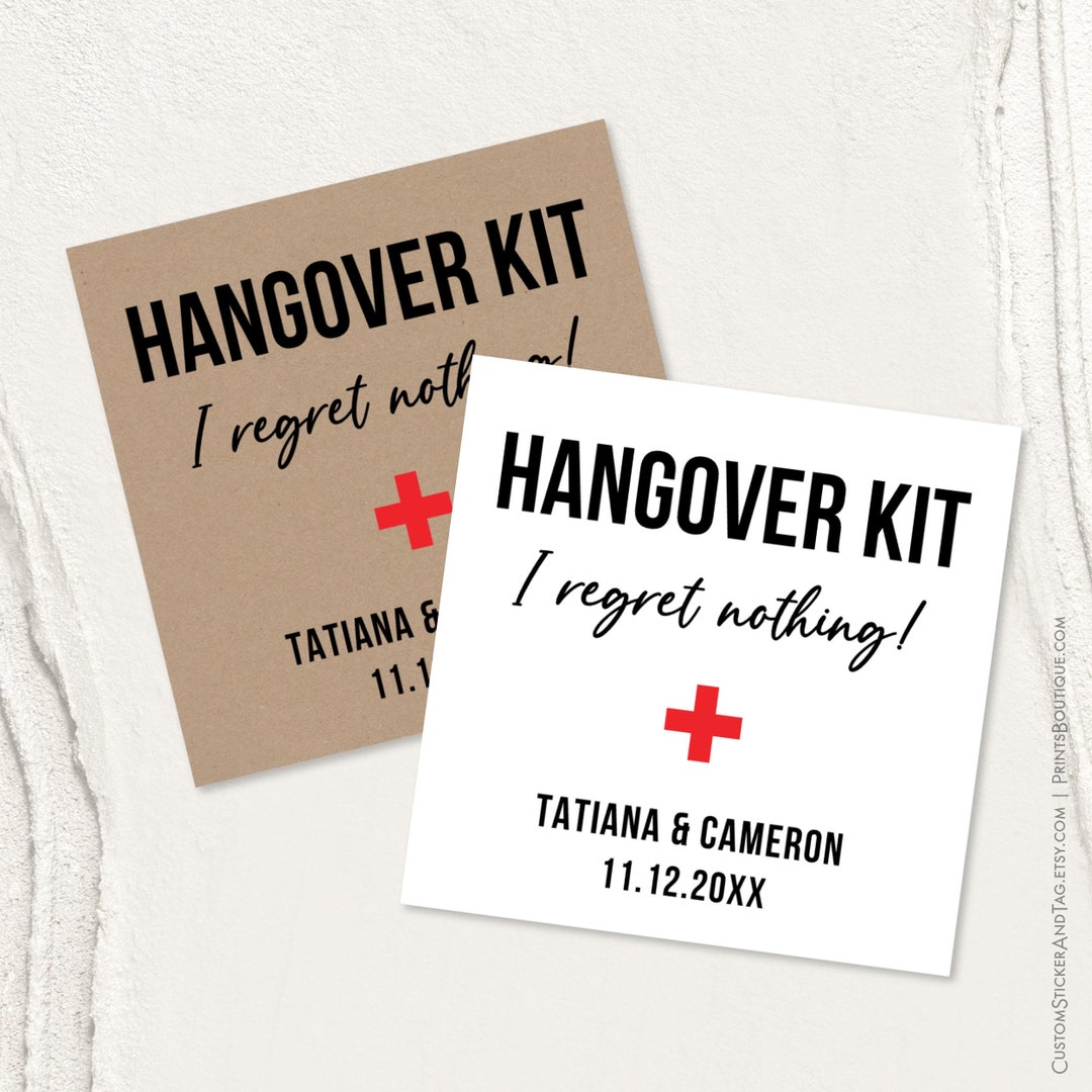 Hangover Kit Labels, I Regret Nothing Recovery Bag Stickers, Square ...