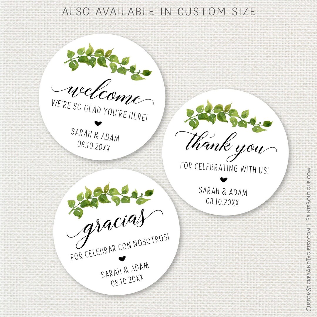 Wedding Favor Stickers, Welcome, Thank You or Gracias, Greenery Leafy ...