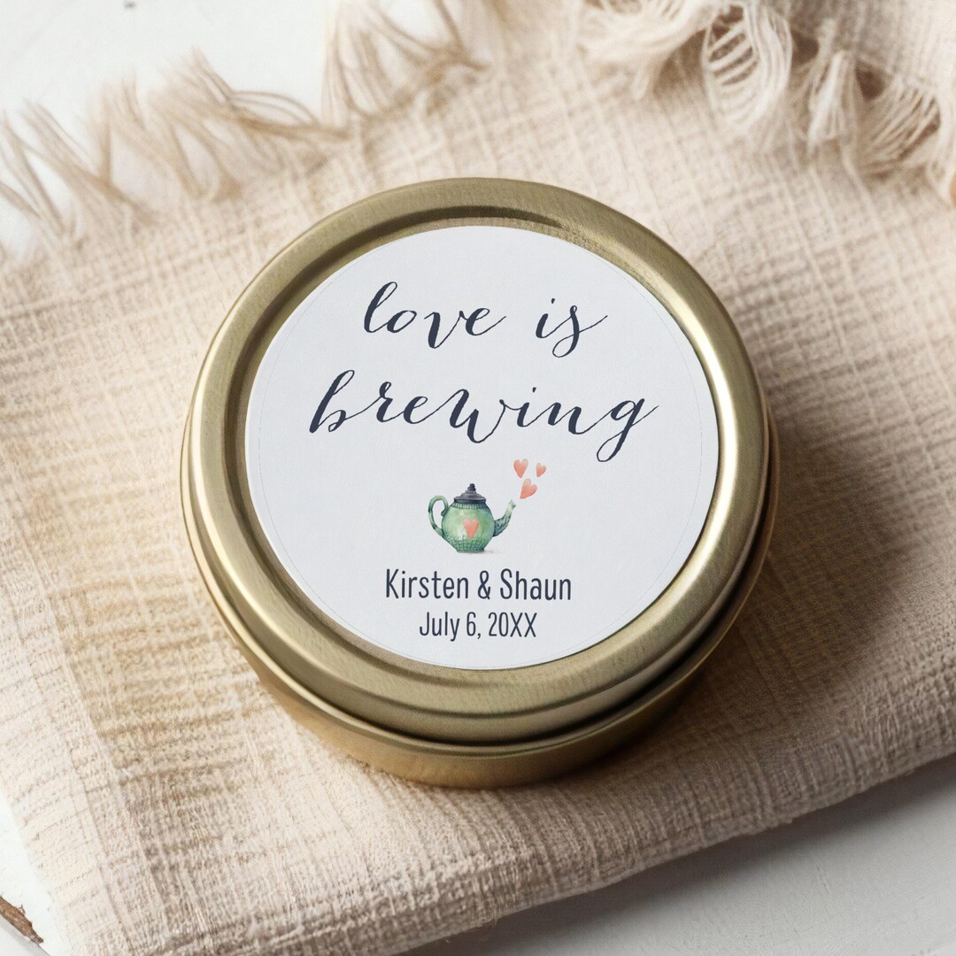 Love is Brewing Round Wedding Labels, Watercolor Teapot and Hearts ...