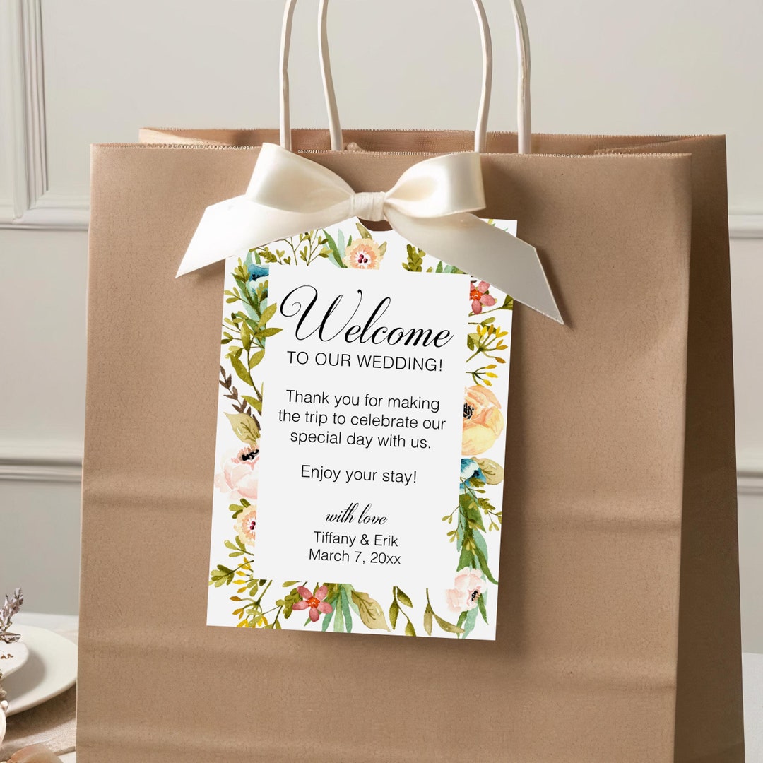 Hotel Welcome Tags, Bags for Wedding Guests, Watercolor Pink and Yellow ...
