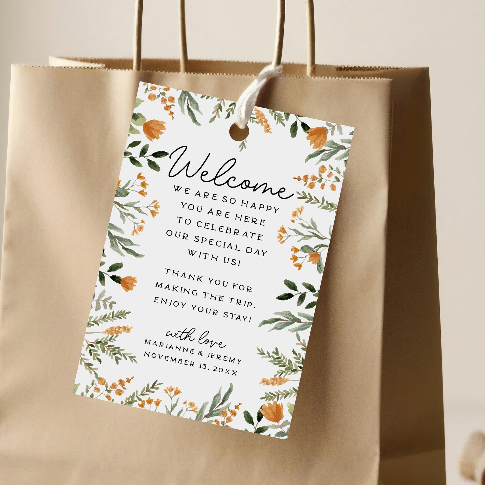 Personalized Tags for Hotel Gift Bags, Watercolor Orange Flowers and ...