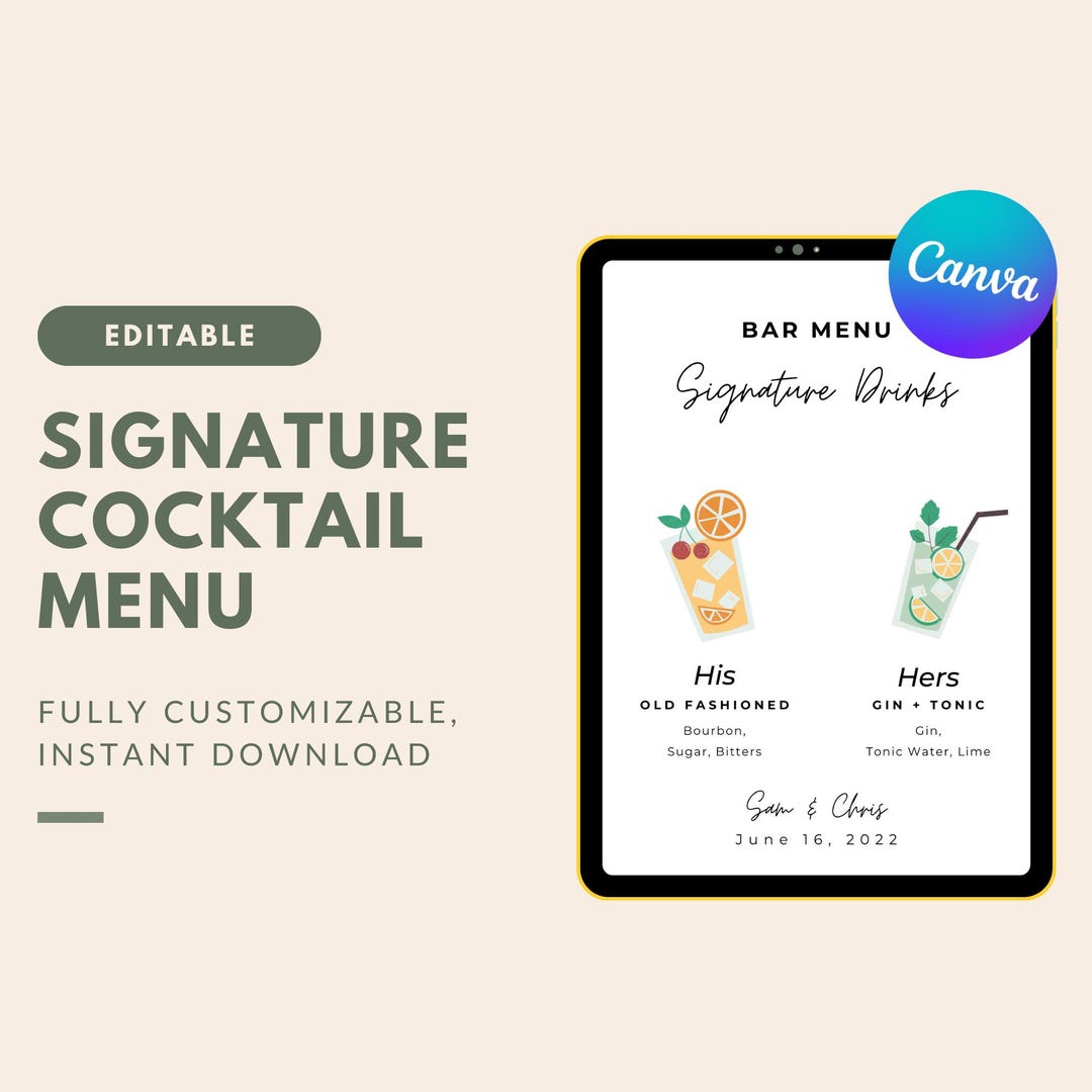 Customizable Signature Cocktail Menu | Wedding Bar Sign | Elegant Drink ...