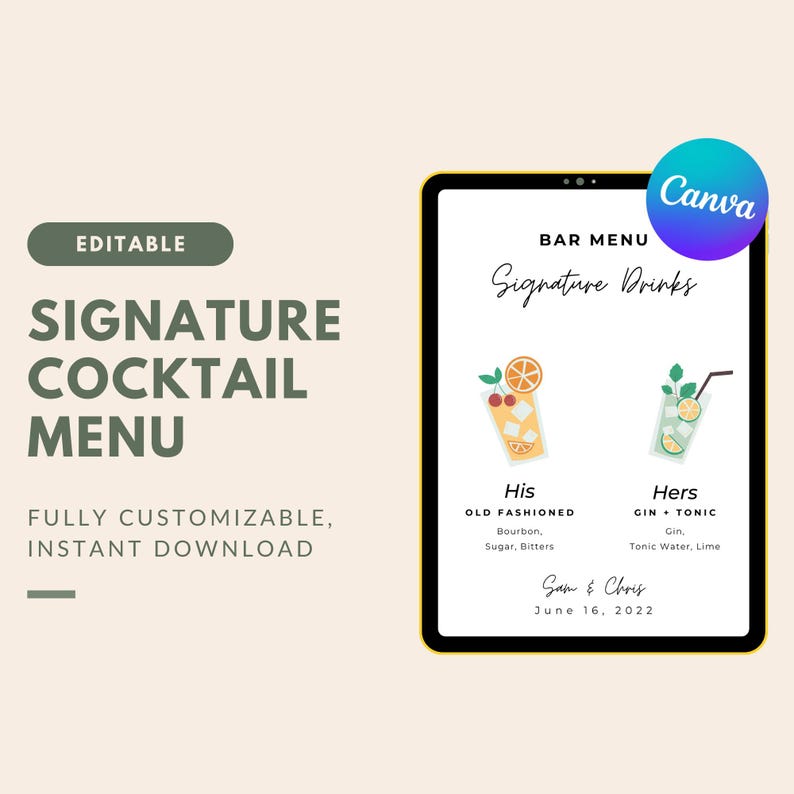 Customizable Signature Cocktail Menu | Wedding Bar Sign | Elegant Drink ...
