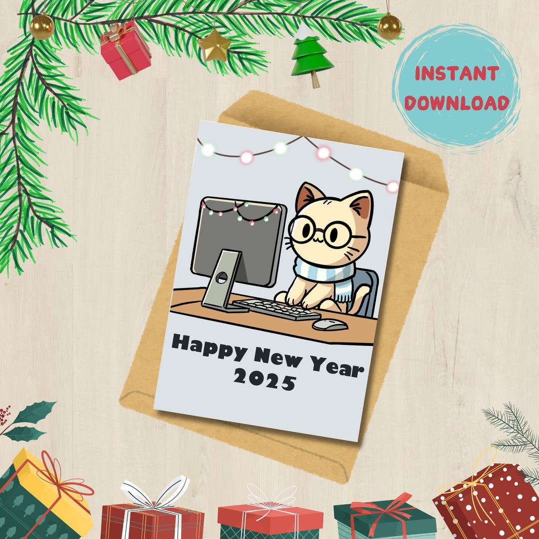 Printable New Year Card Cute Cat Greeting Card Digital New Year Card ...