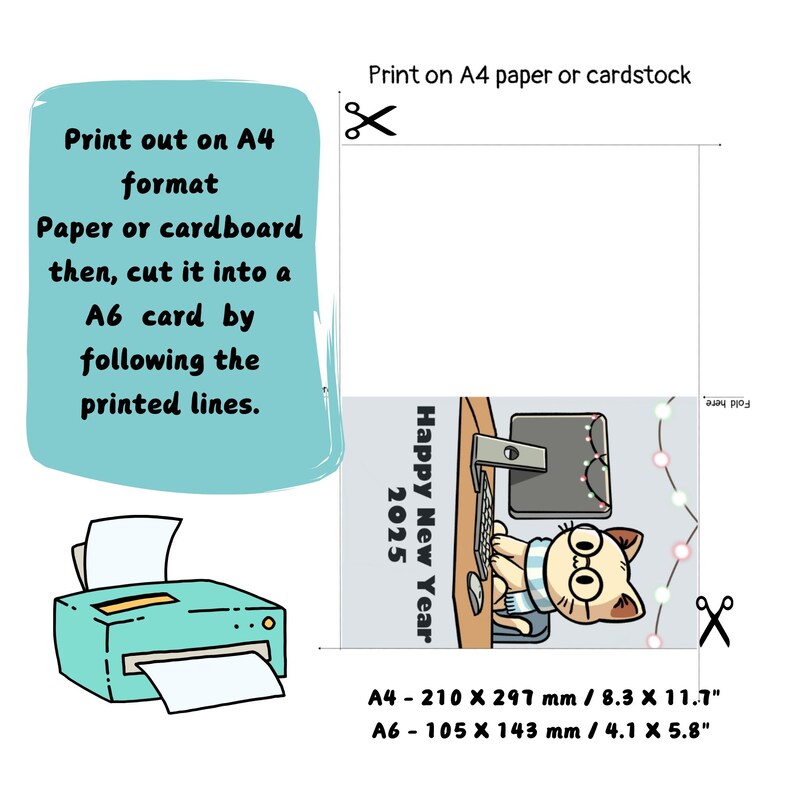 Printable New Year Card Cute Cat Greeting Card Digital New Year Card ...