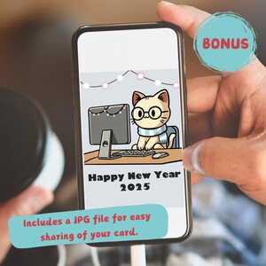 Printable New Year Card Cute Cat Greeting Card Digital New Year Card ...