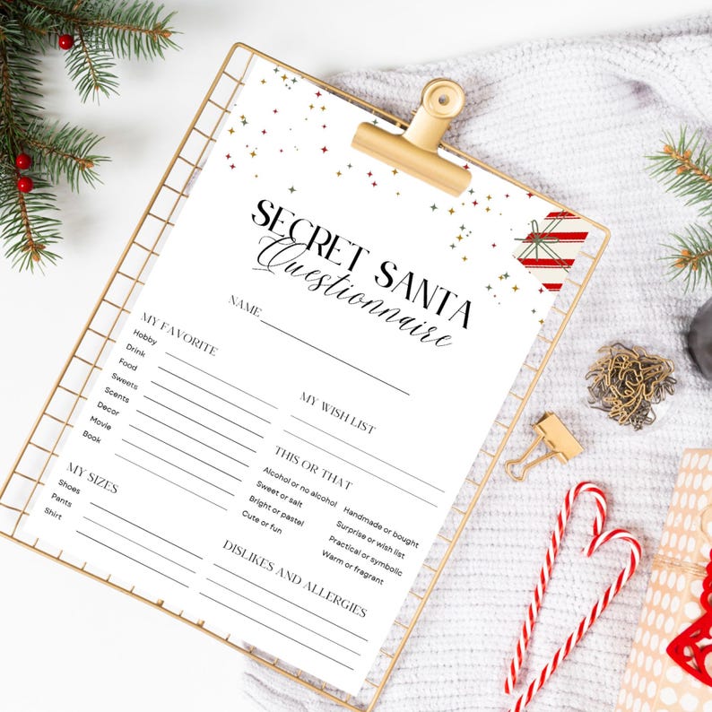 Secret Santa Questionnaire Printable, Secret Santa Presents Form ...