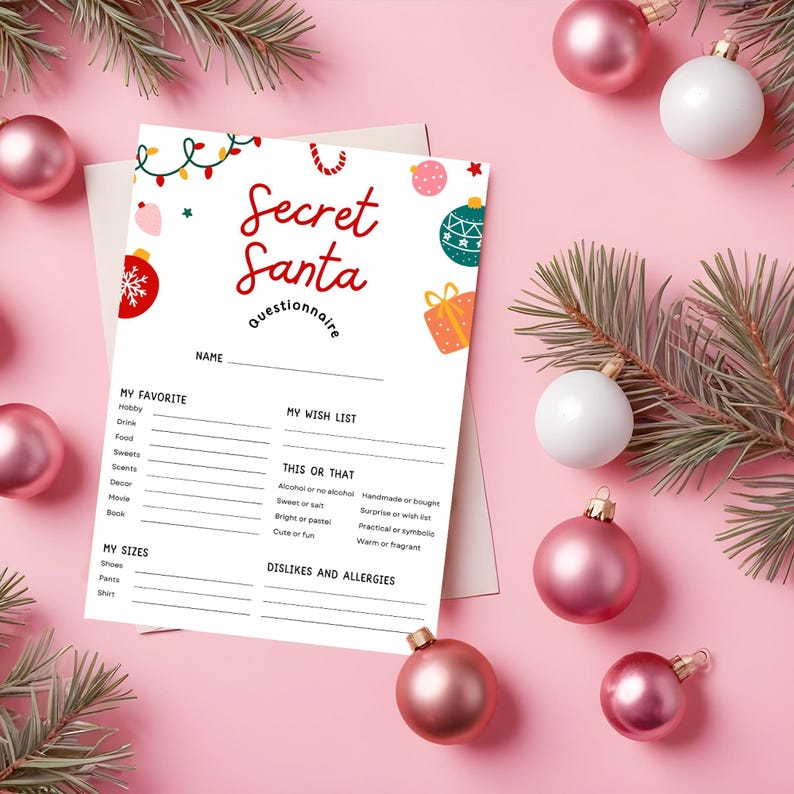 Secret Santa Questionnaire Printable, Secret Santa Presents Form - Etsy