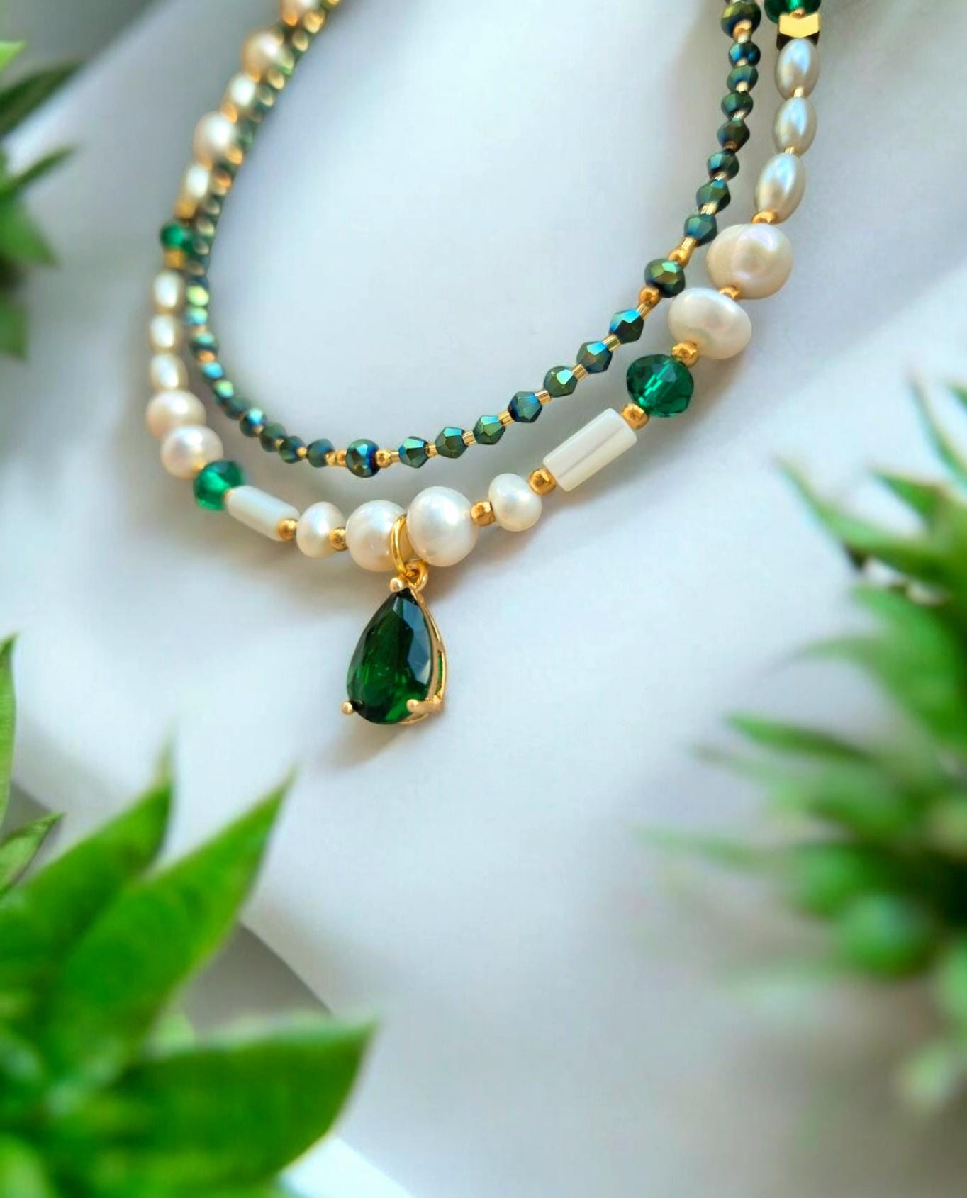 Emerald & Pearl Necklace Set: Gold-toned Freshwater Pearl Choker - Etsy