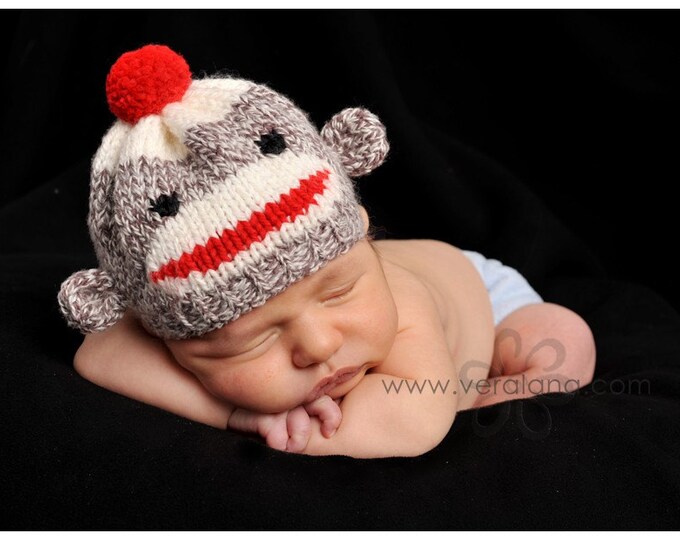 Sock Monkey Hat for Newborn Baby, Custom Knitted, Cotton Blend, Photo ...